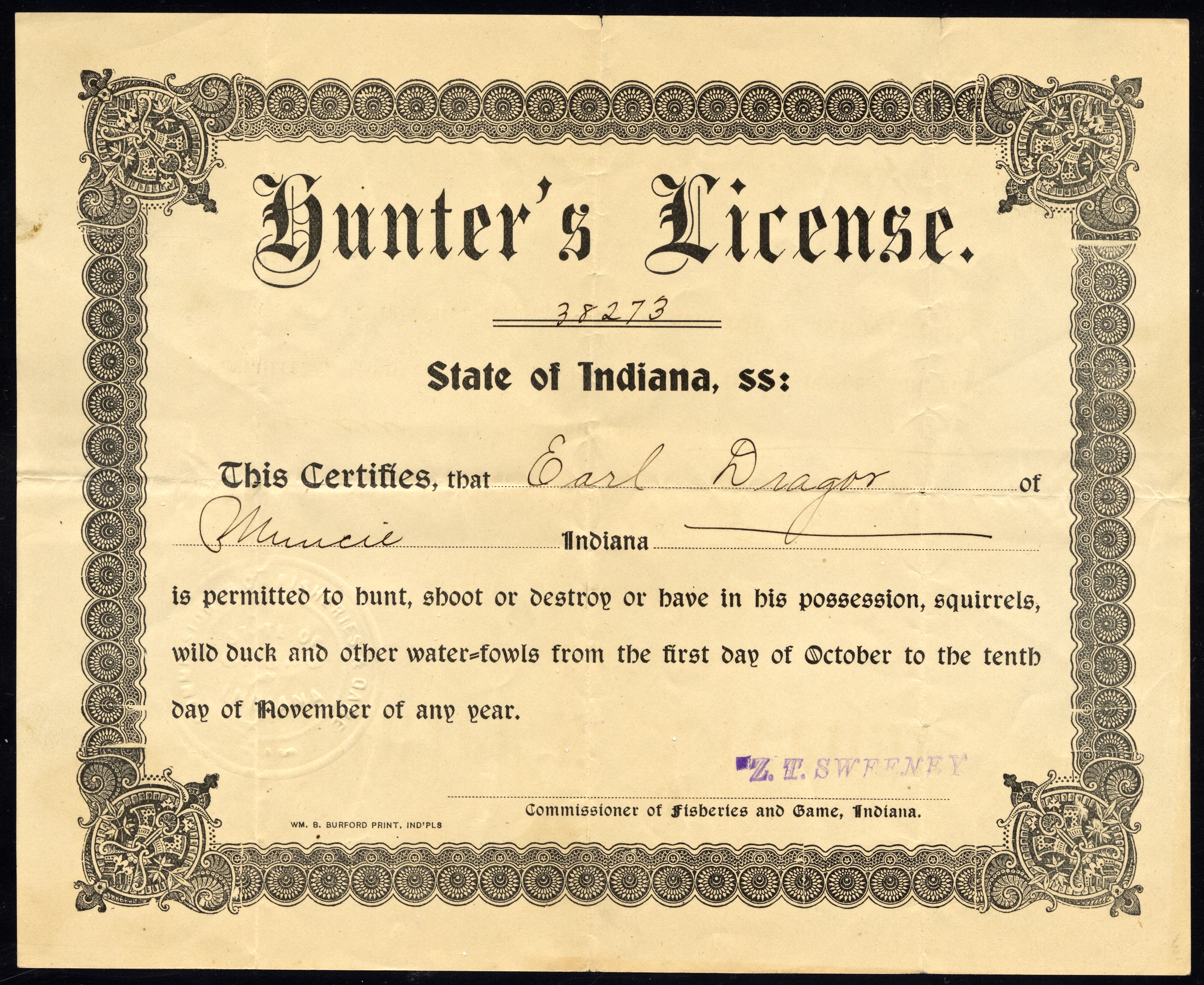 1902 Indiana Hunter's License License - Waterfowl Stamps and More
