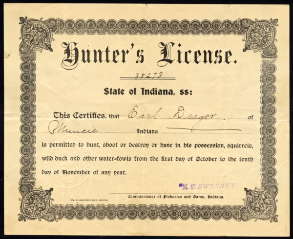 1902 Indiana Hunter's License License - Waterfowl Stamps and More