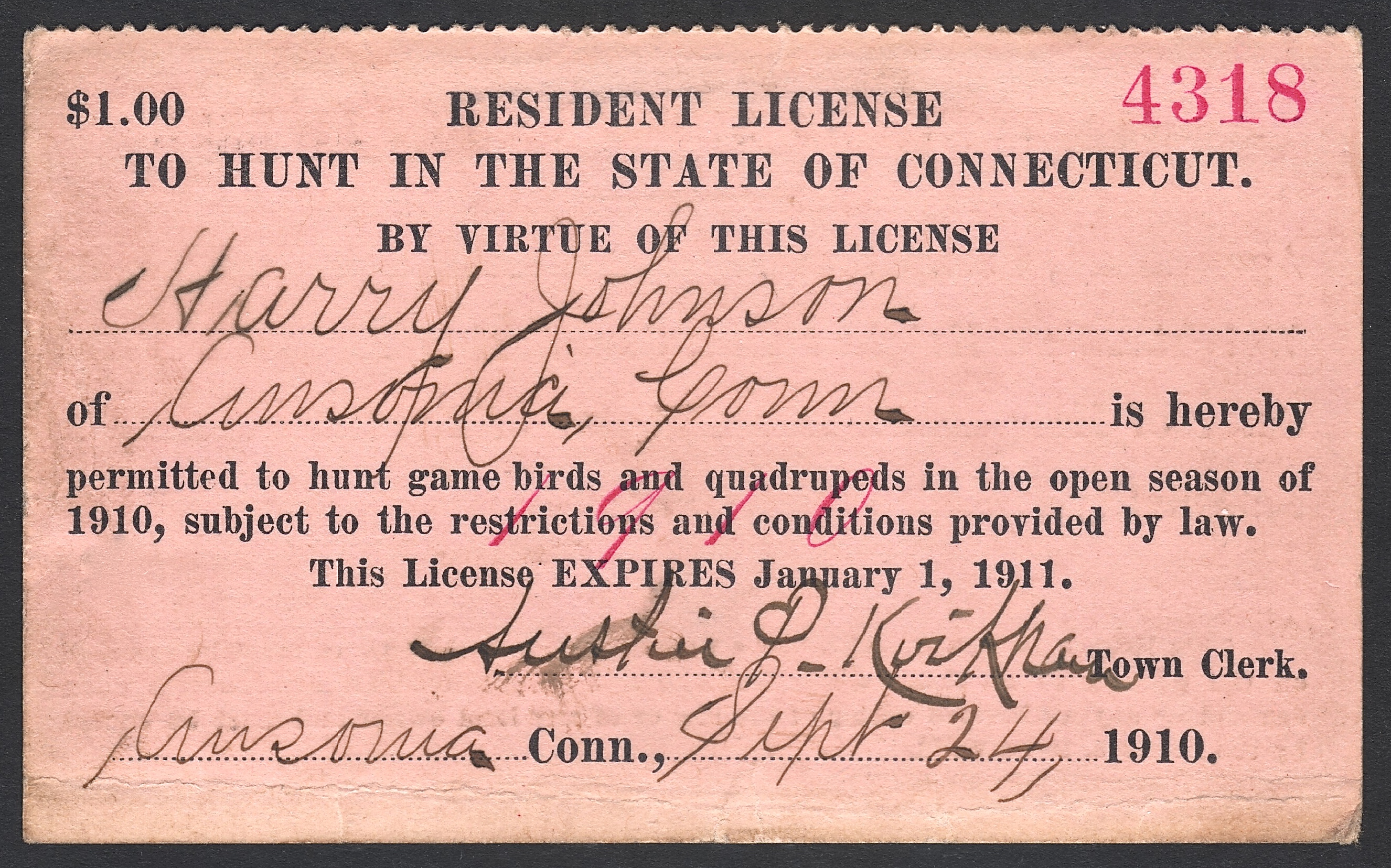 1910-11 Connecticut Resident License to Hunt - Waterfowl Stamps and More
