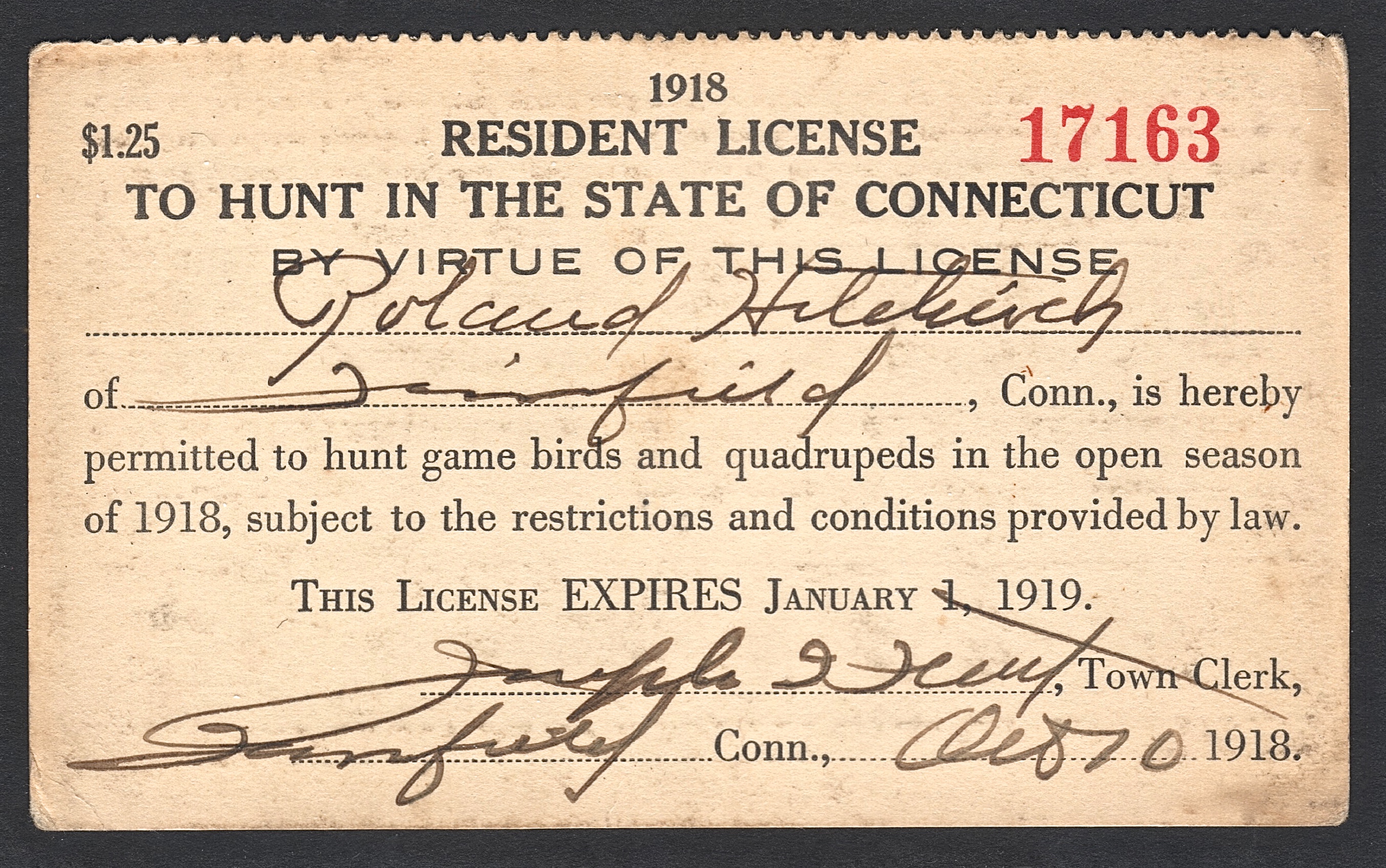 1918-19 Connecticut Resident License to Hunt - Waterfowl Stamps and More