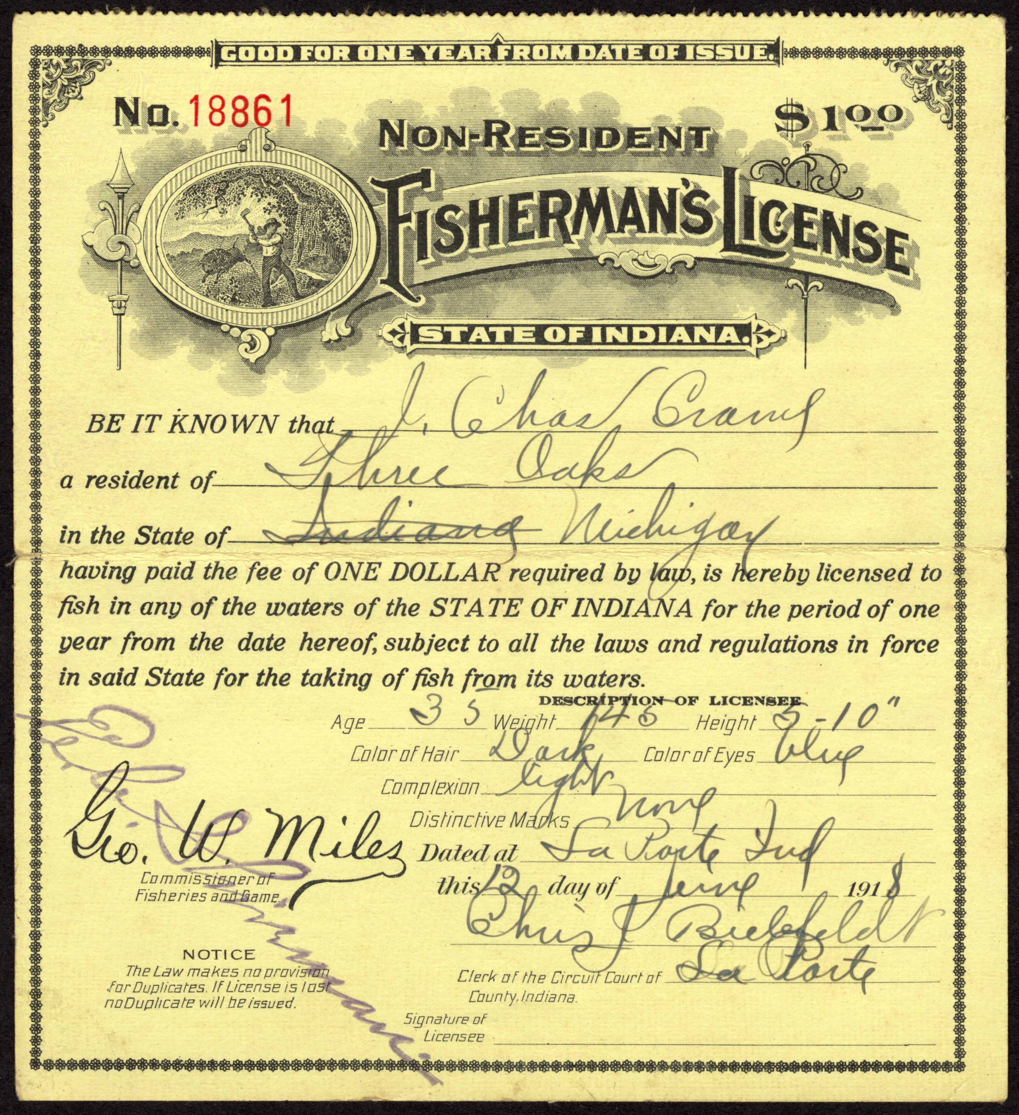 1918 Indiana NR Fisherman's License - Waterfowl Stamps and More