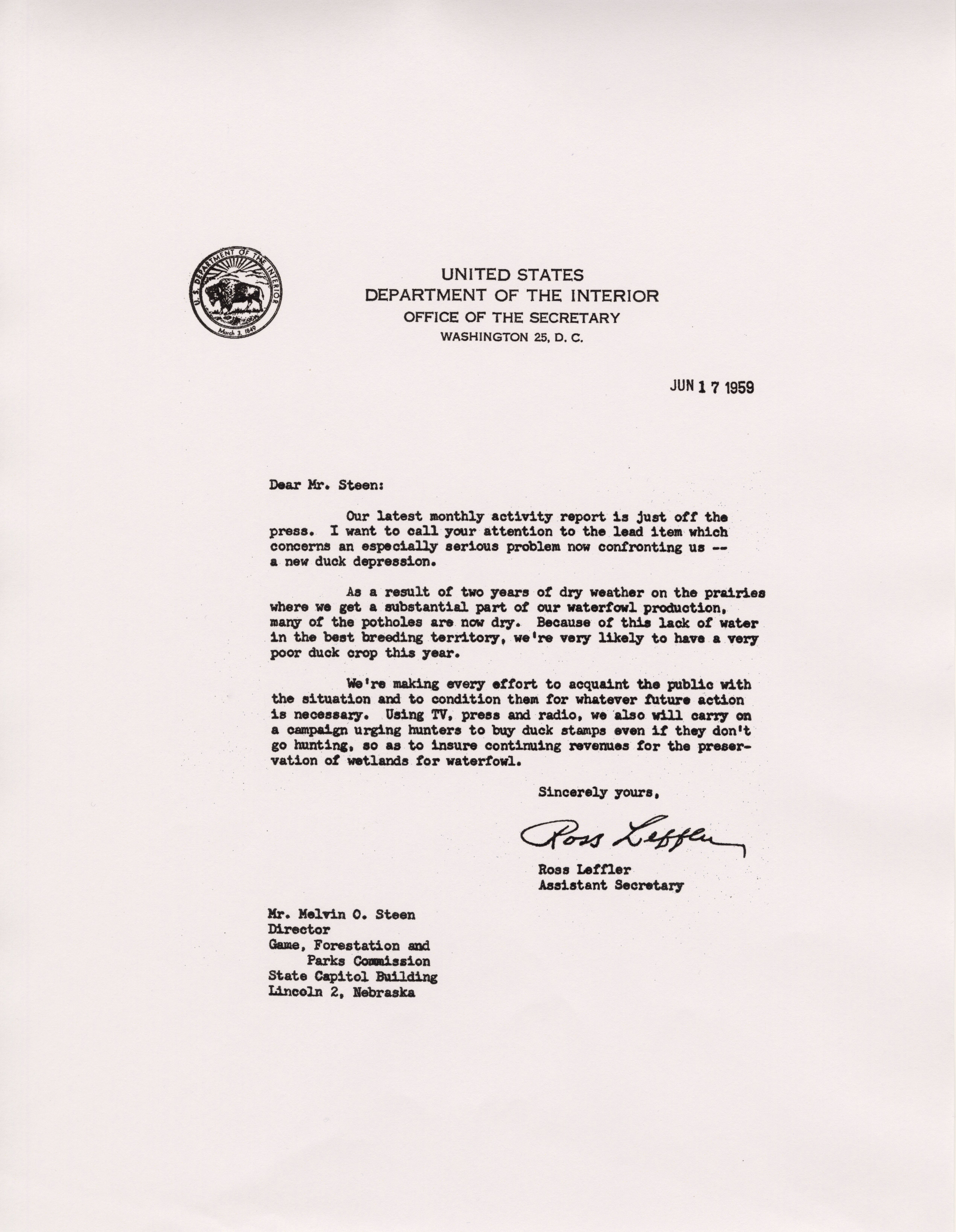 USFWS drought letter 1959 -3 - Waterfowl Stamps and More