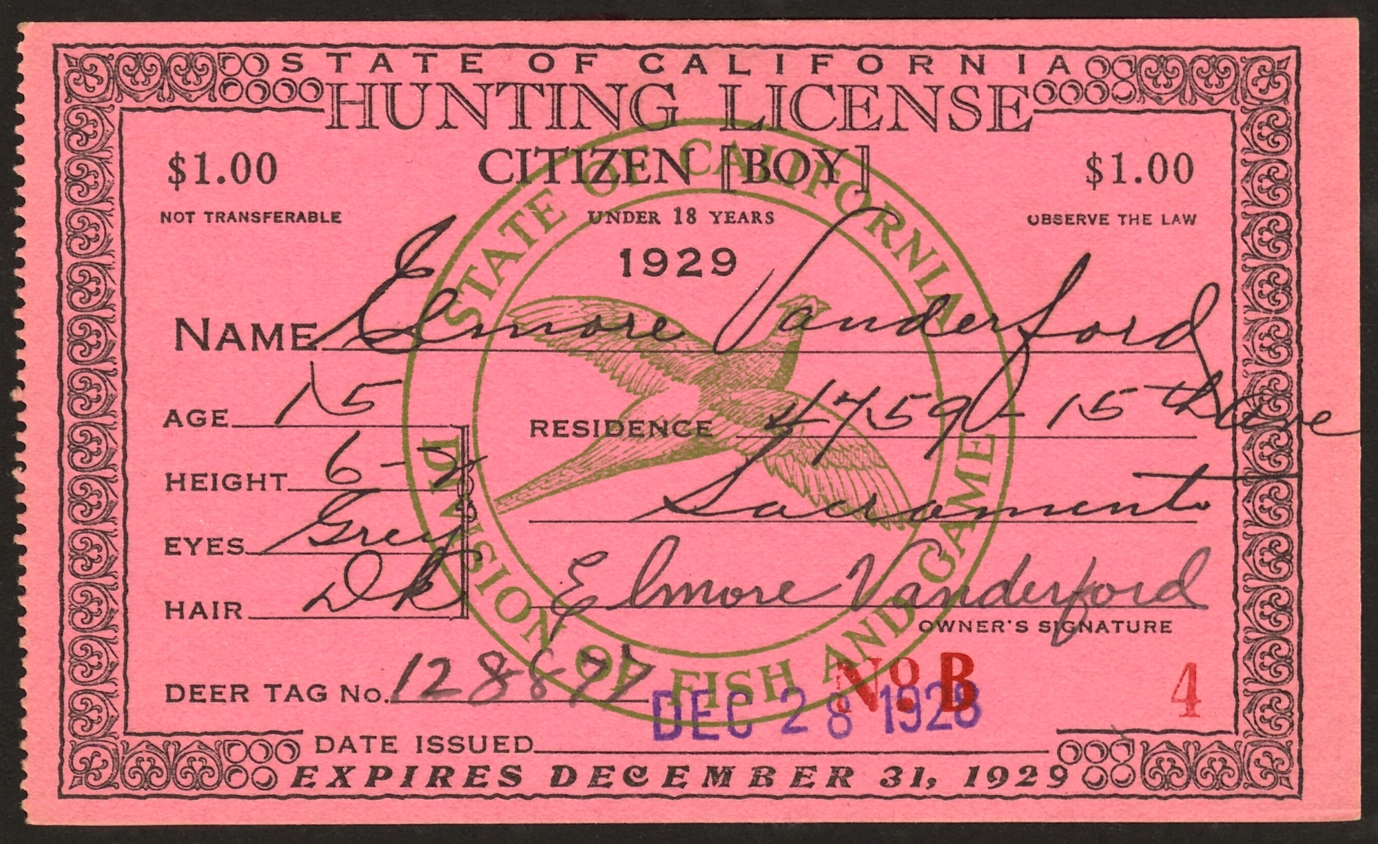 California 1928 – 1934-35 BOY & JUNIOR Hunting Licenses - Waterfowl ...