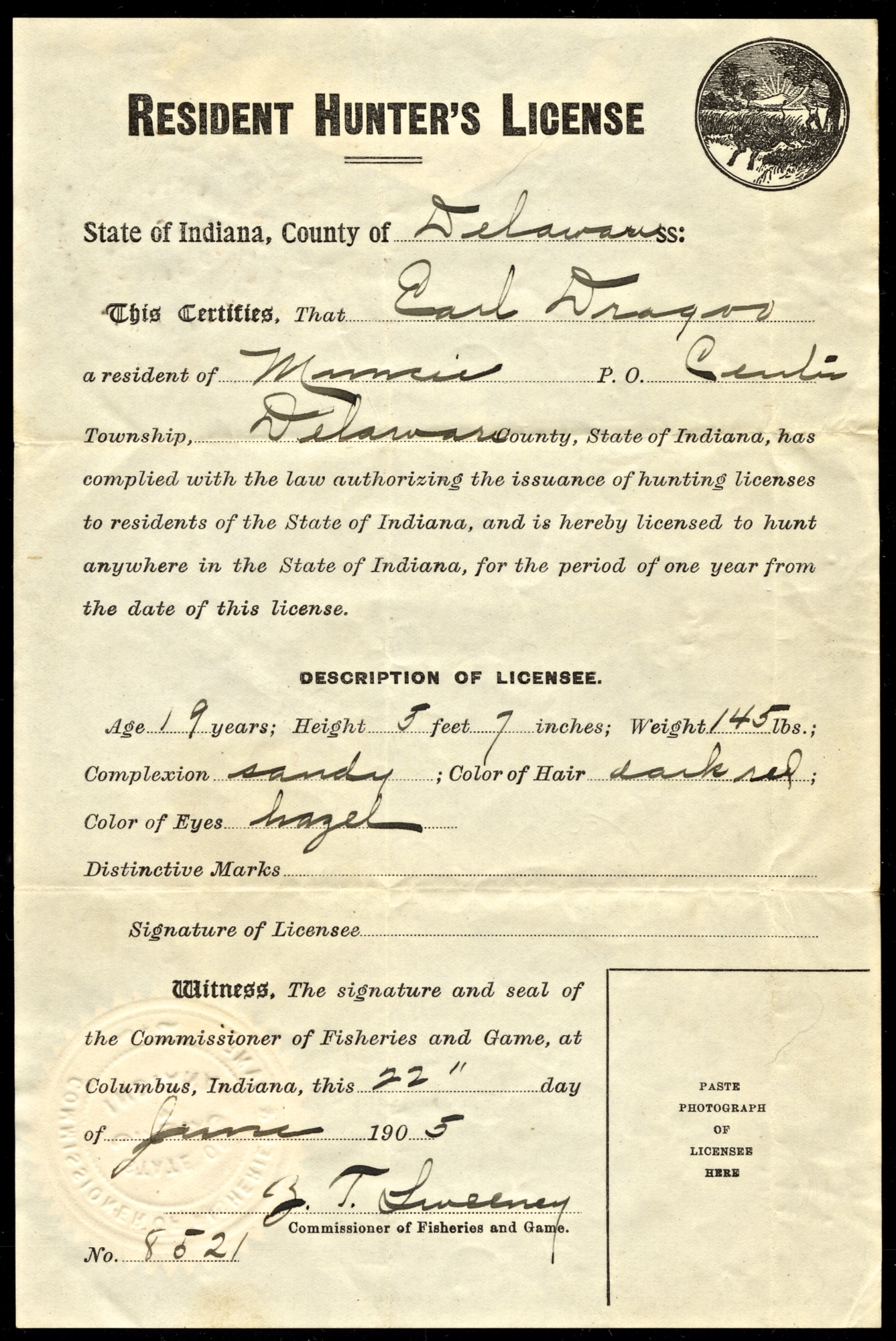 1905-Indiana-Hunters-License-License-1337x2000 - Waterfowl Stamps and More